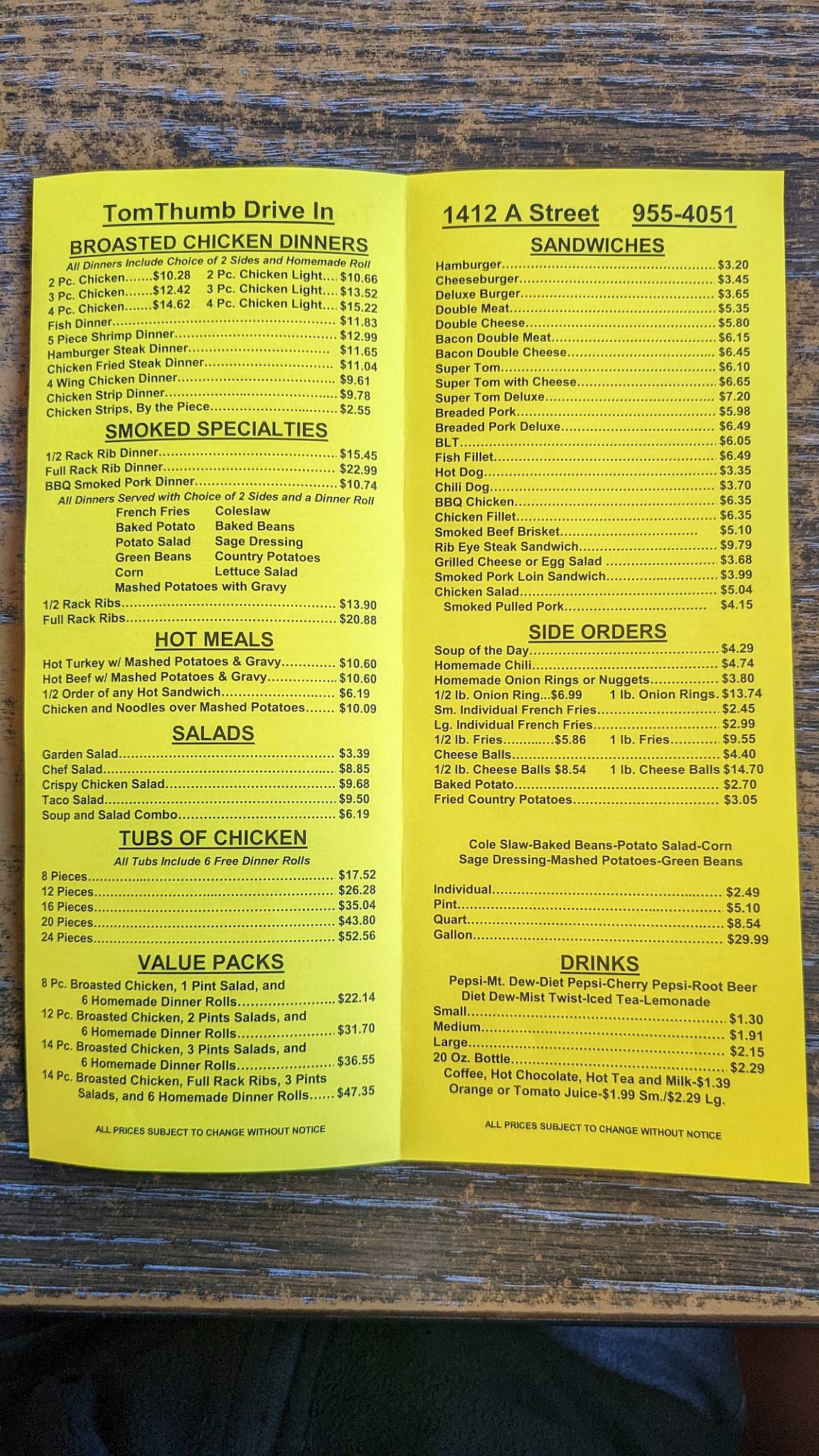 Menu at Tom Thumb Drive In restaurant, Fort Dodge