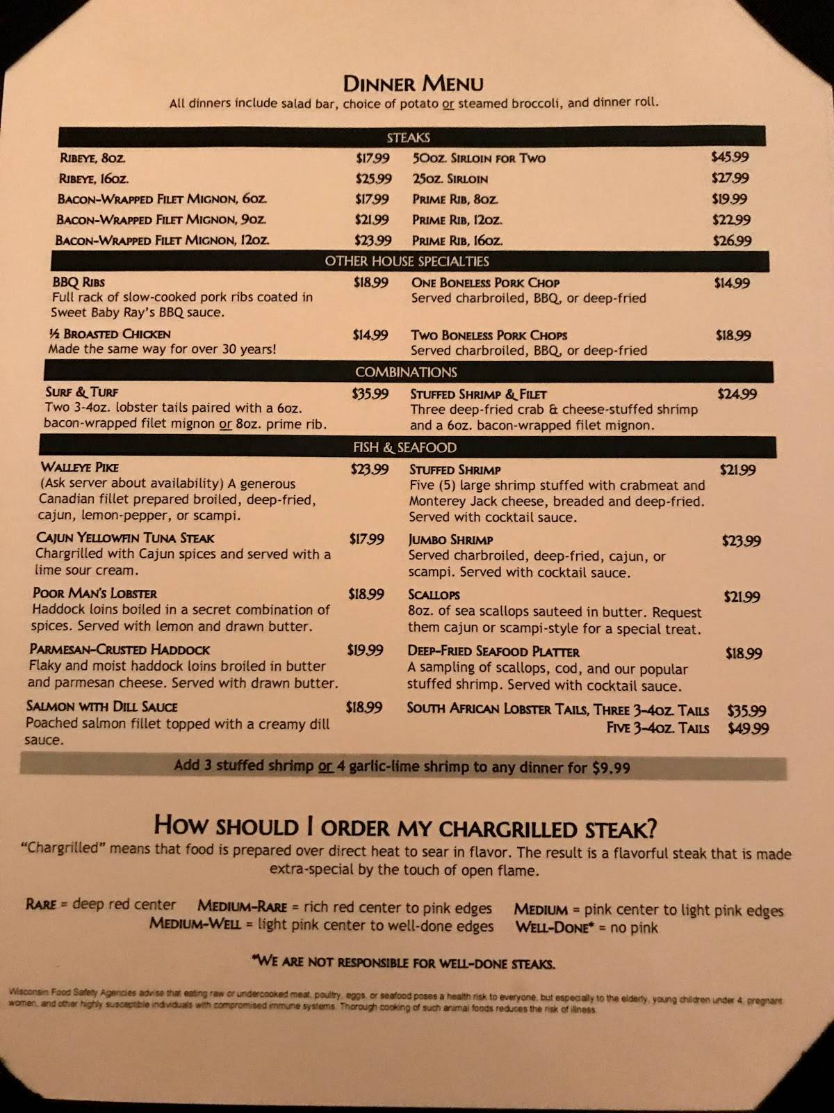 Menu at Pine Tree Supper Club, Tomahawk