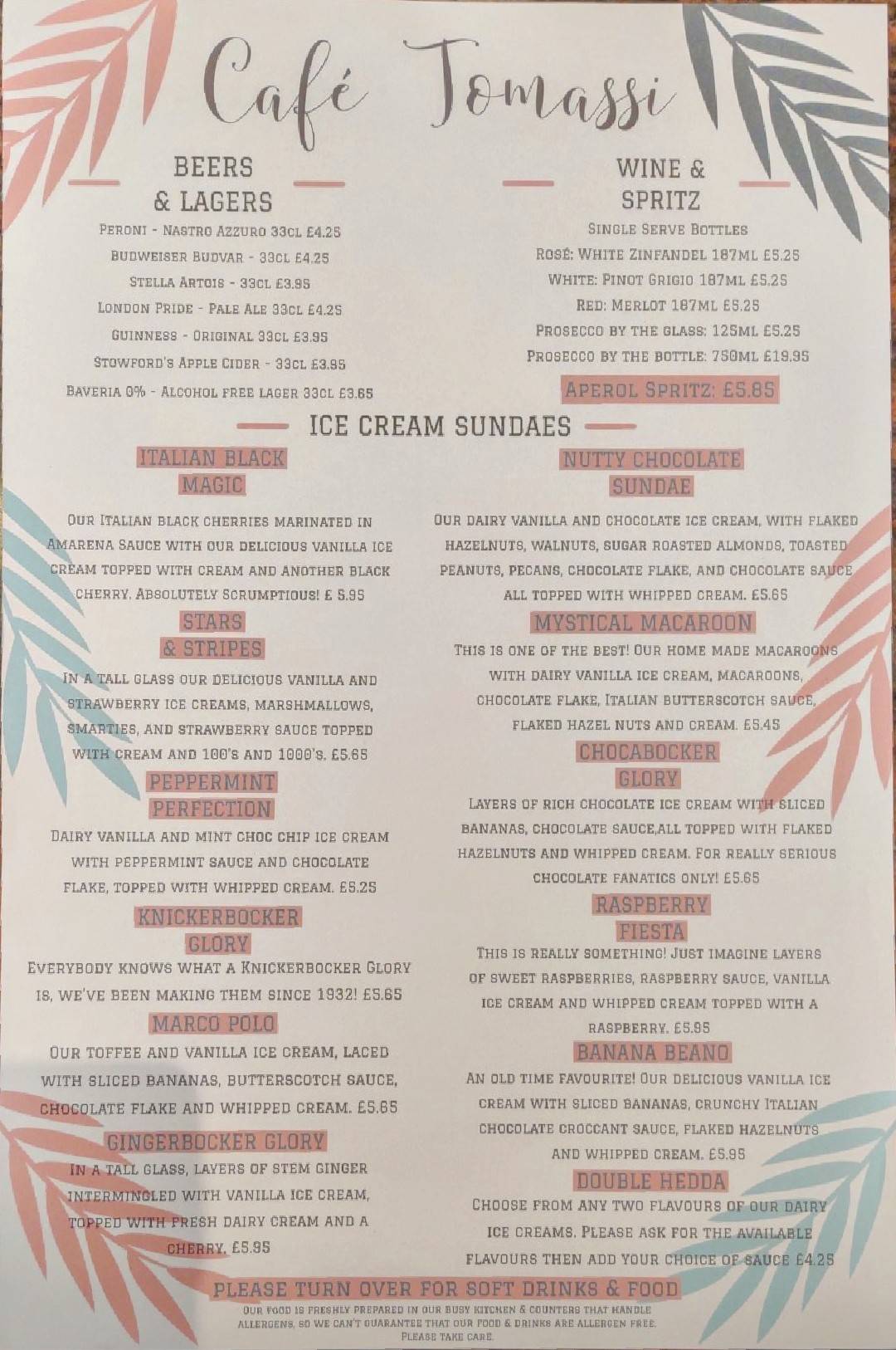 Menu at Tomassi's cafe, Southend-on-Sea