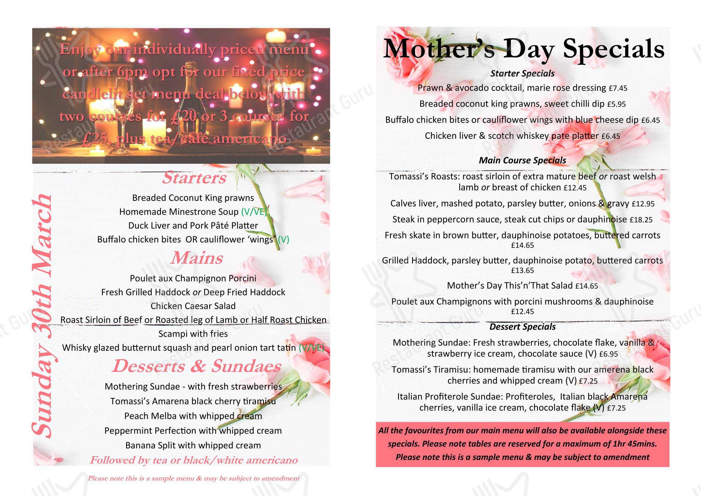 Menu at Tomassi's restaurant, Southend-on-Sea