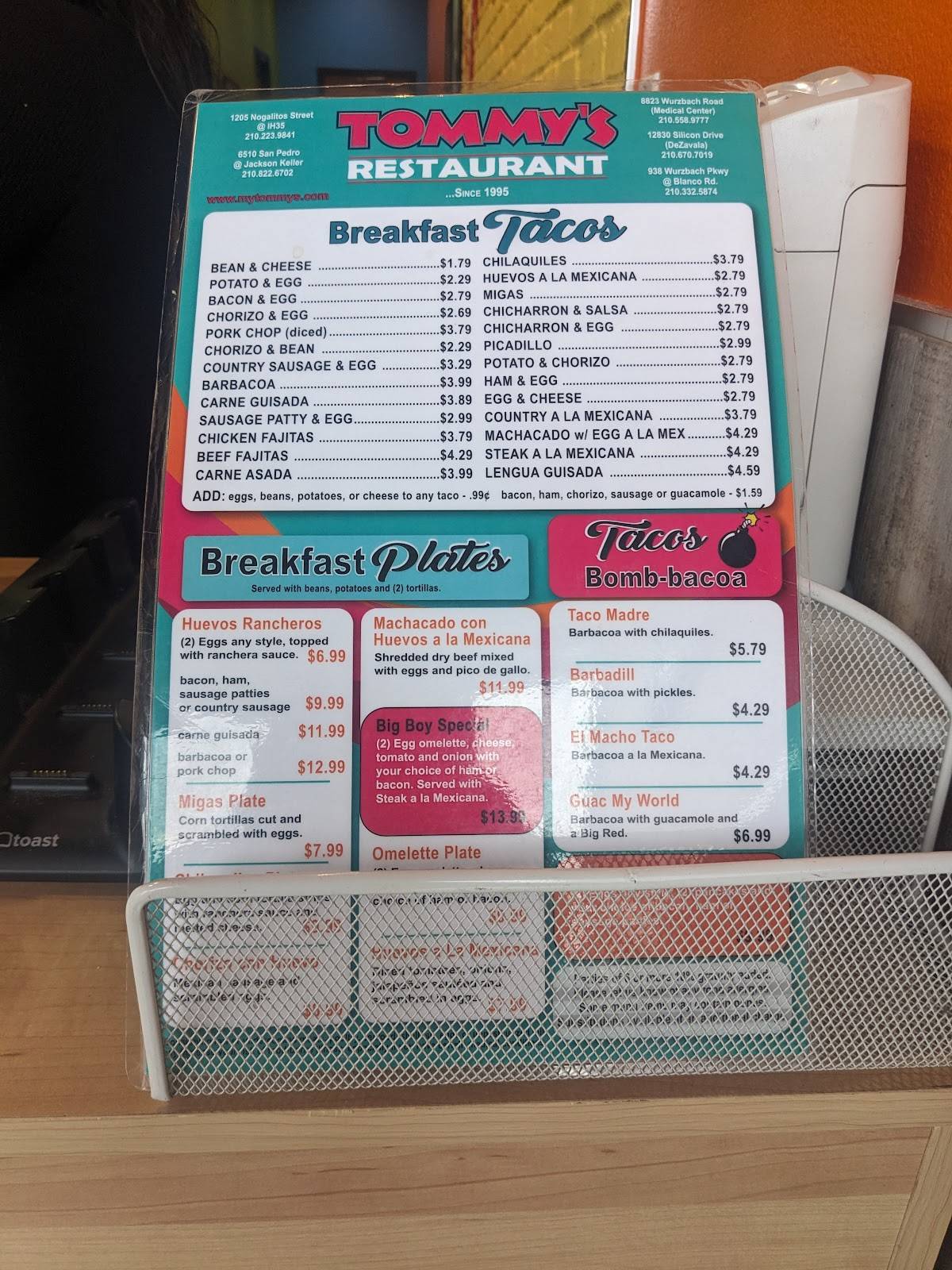 Menu at Tommy's Restaurant, San Antonio, BLANCO ROAD