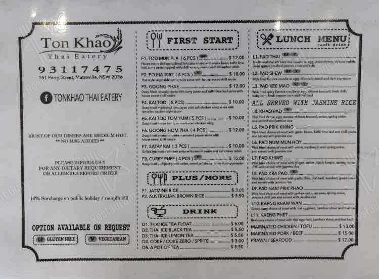 Menu at Ton Khao Thai Eatery restaurant, Matraville