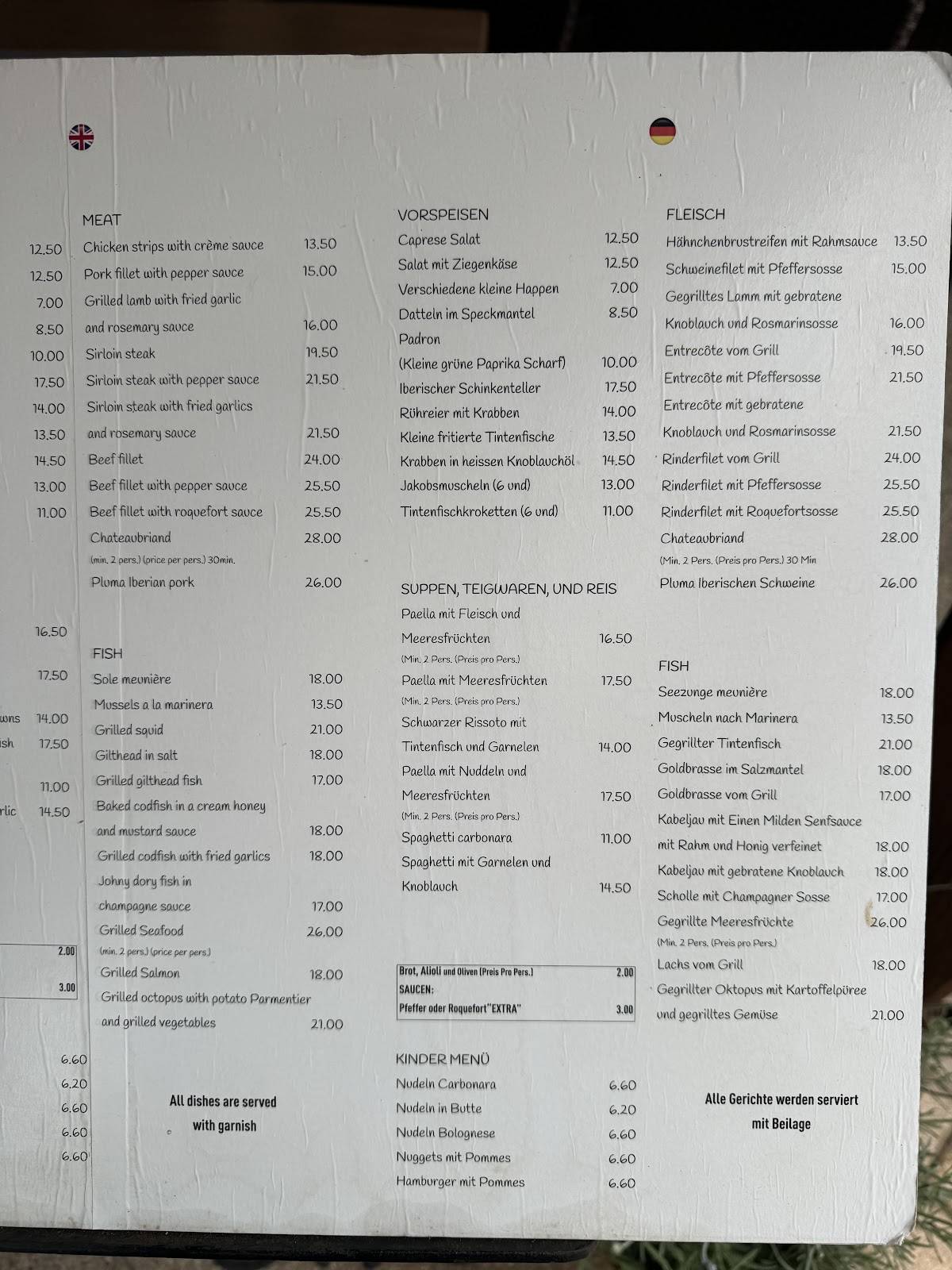 Menu at Toni's Restaurant, Cala Millor