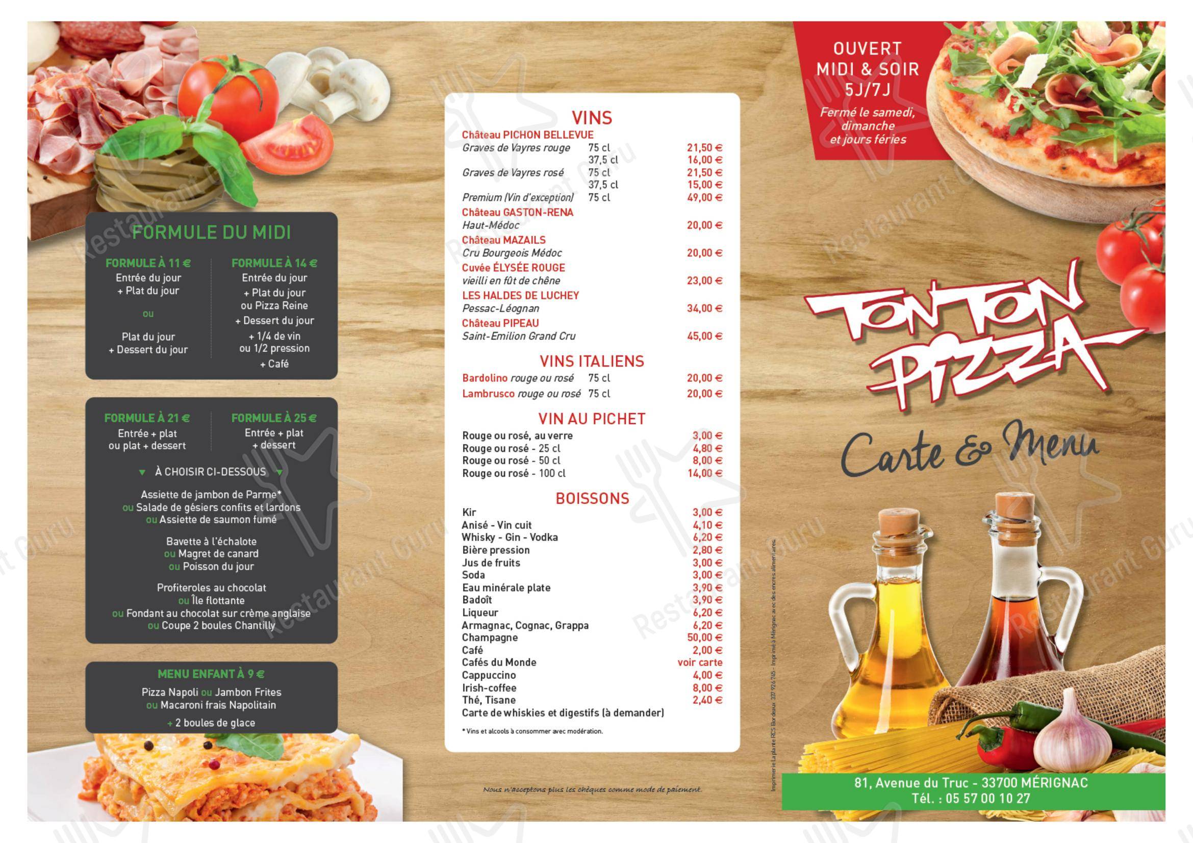 Menu at TONTON PIZZA pizzeria, Mérignac