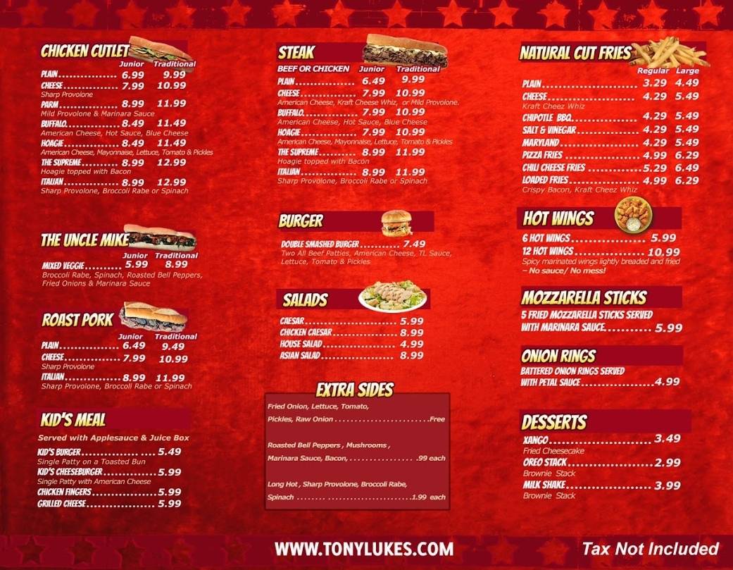 Menu at Tony Luke's restaurant, Ocean City, 12701 Coastal Hwy