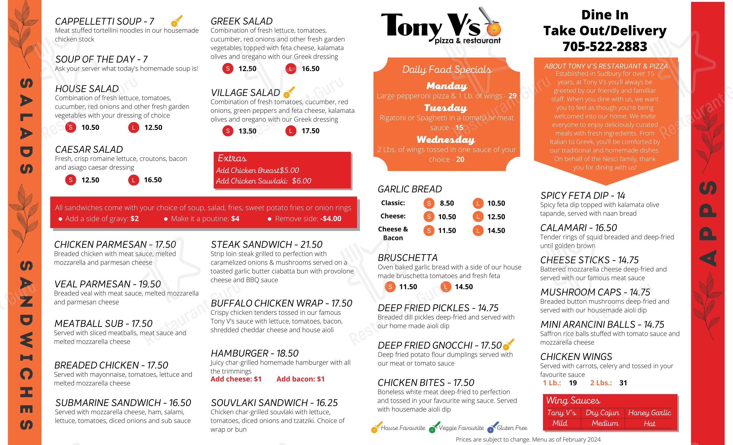 Menu at Tony V's Pizza & Restaurant, Sudbury