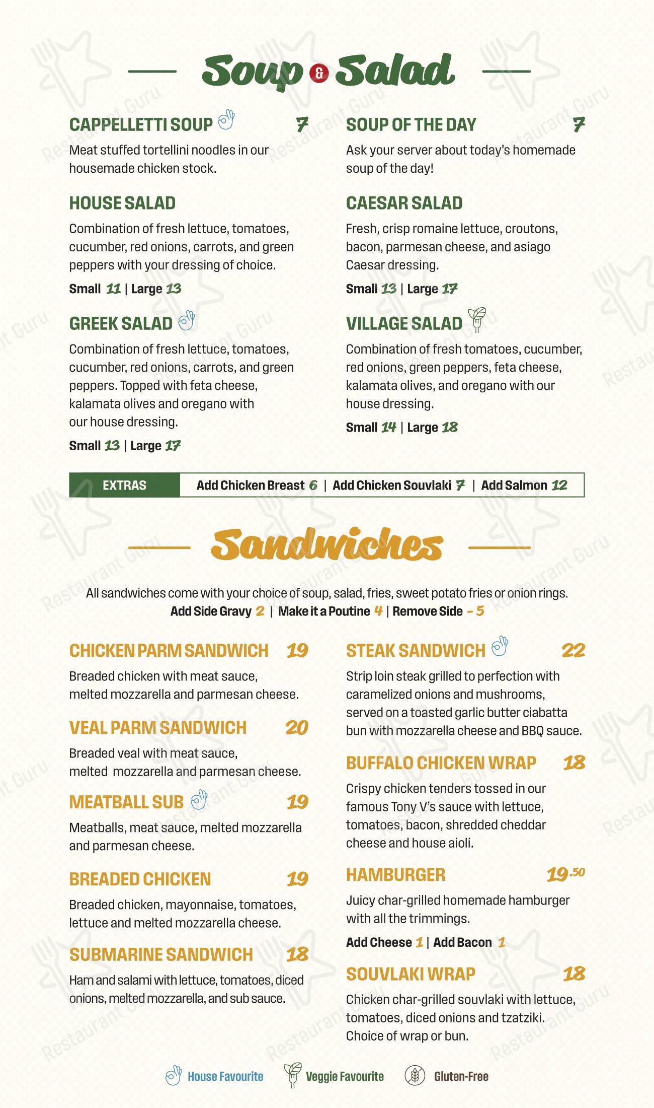 Menu at Tony V's Pizza & Restaurant, Sudbury