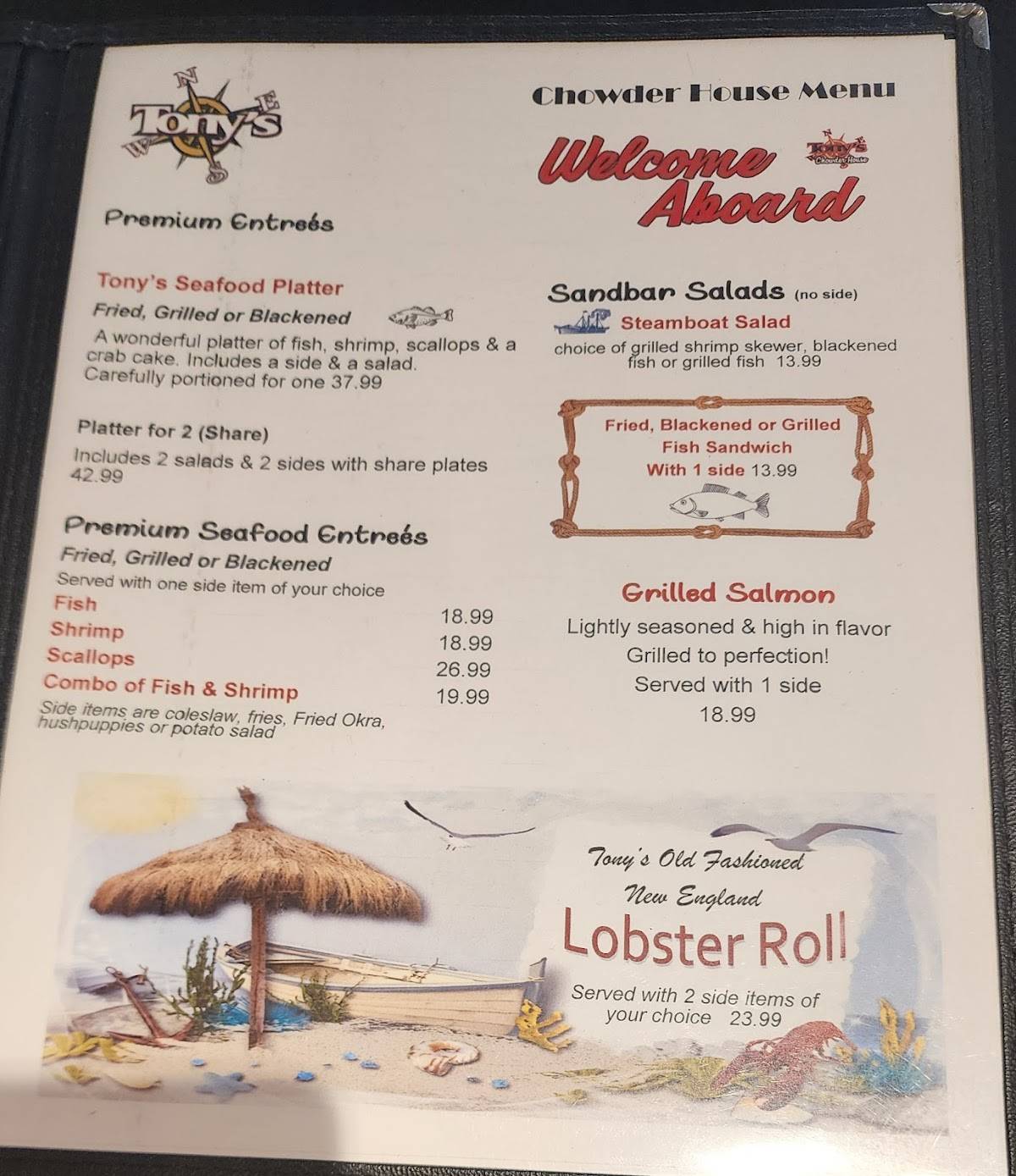 Menu at Tony’s Chowder House restaurant, Mount Dora