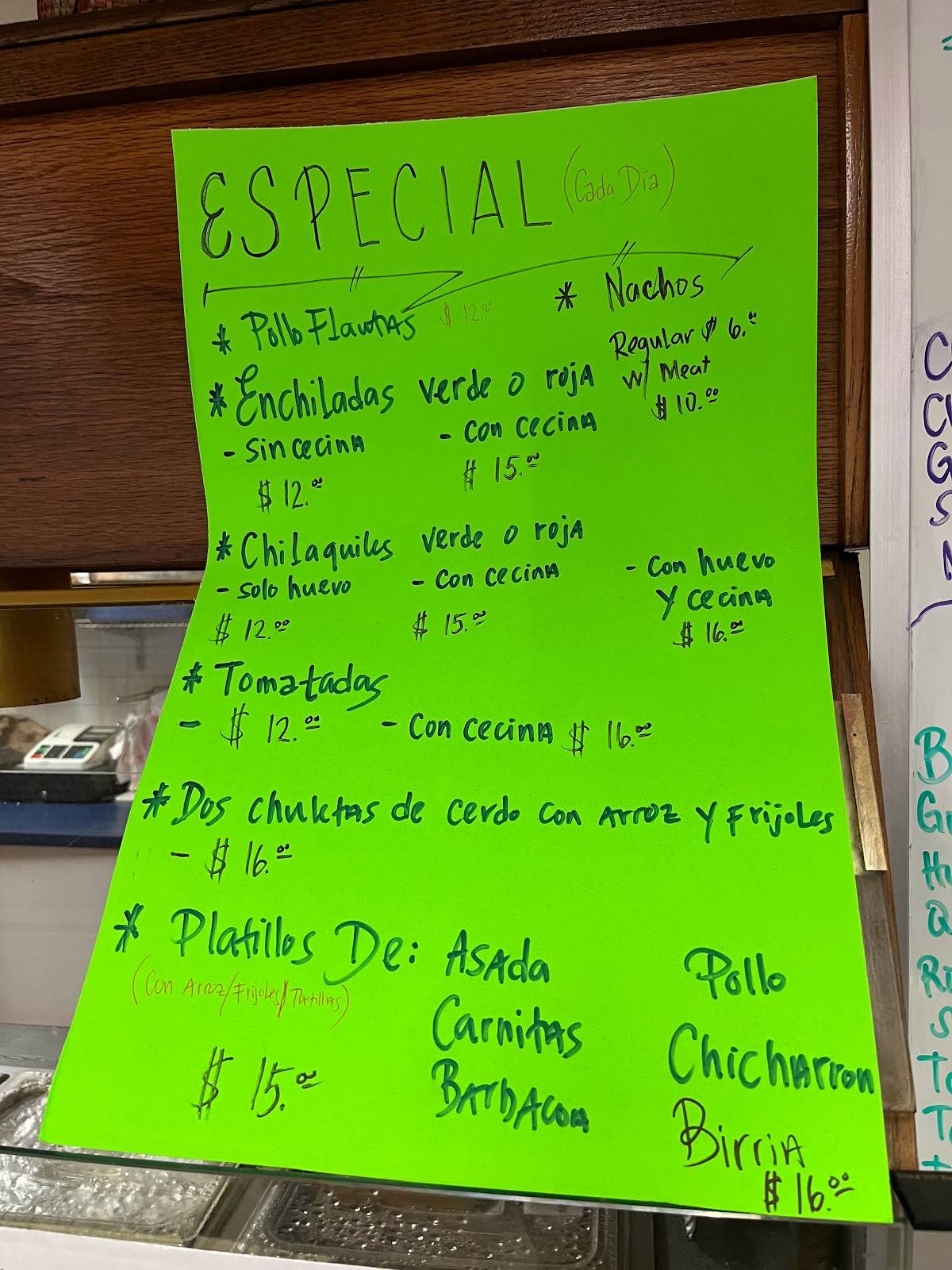 Menu at Tony's Tacos restaurant, Collierville