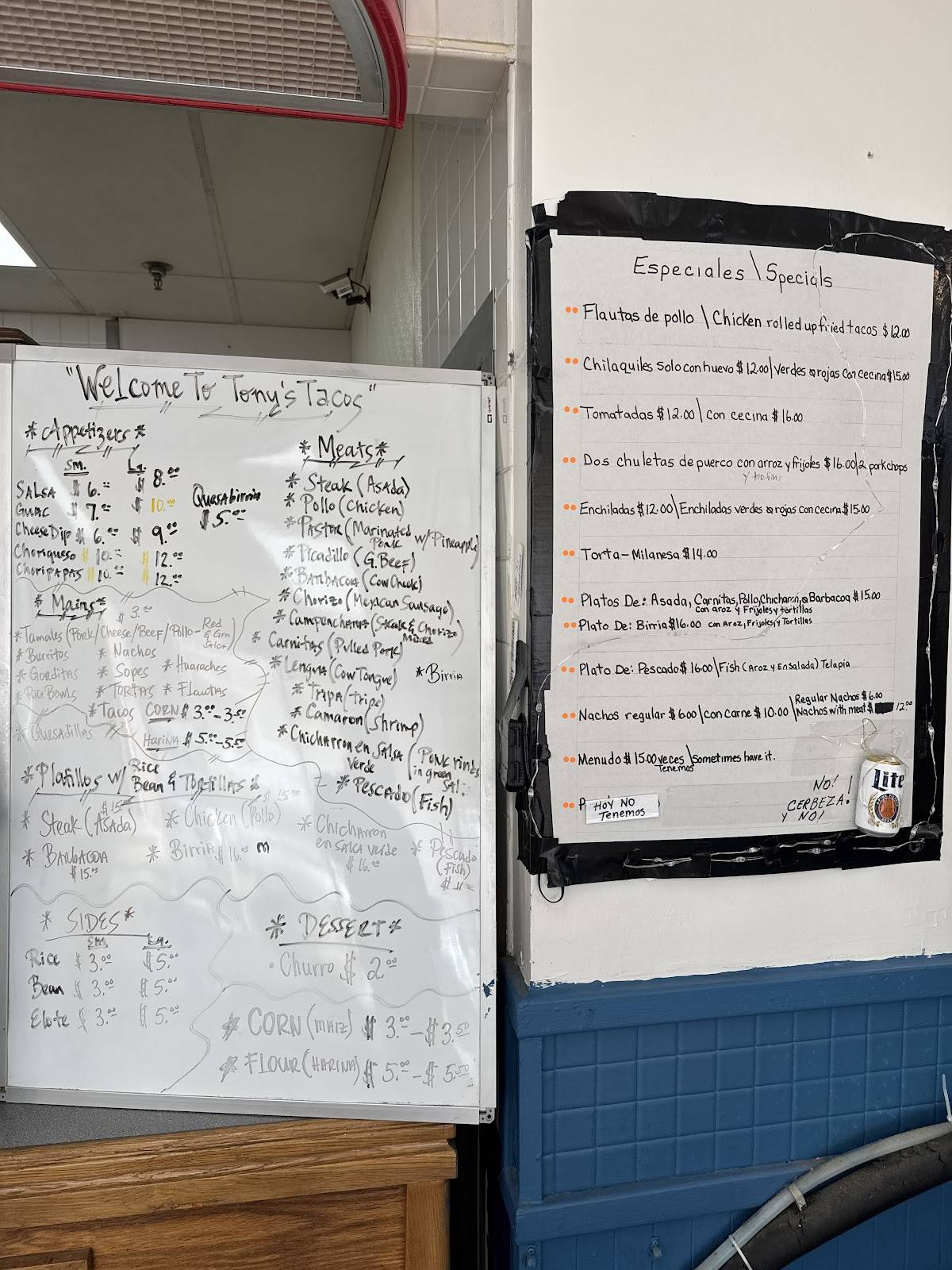 Menu at Tony's Tacos restaurant, Collierville