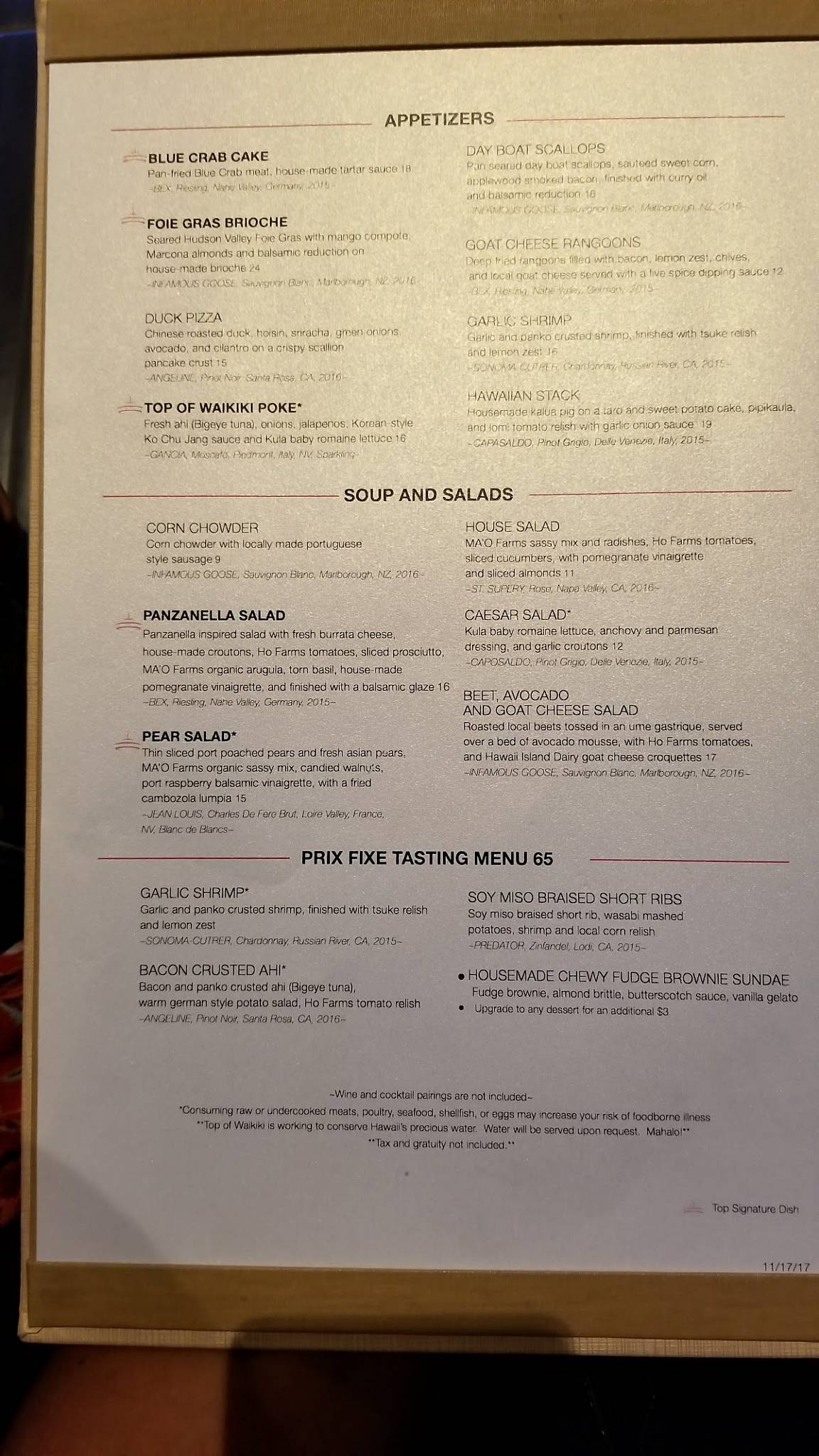 Menu at Top of Waikiki steakhouse, Honolulu, Kalākaua Ave 21st Floor