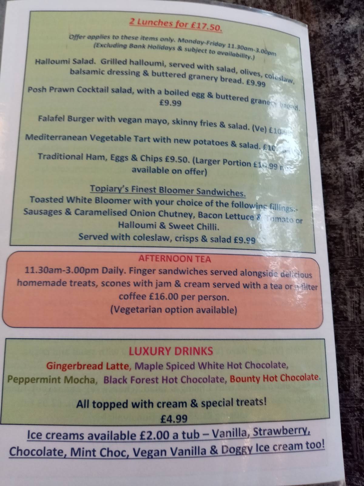 Menu at Topiary Tea Room cafe, England
