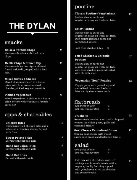 Menu at The Dylan Bar, Toronto