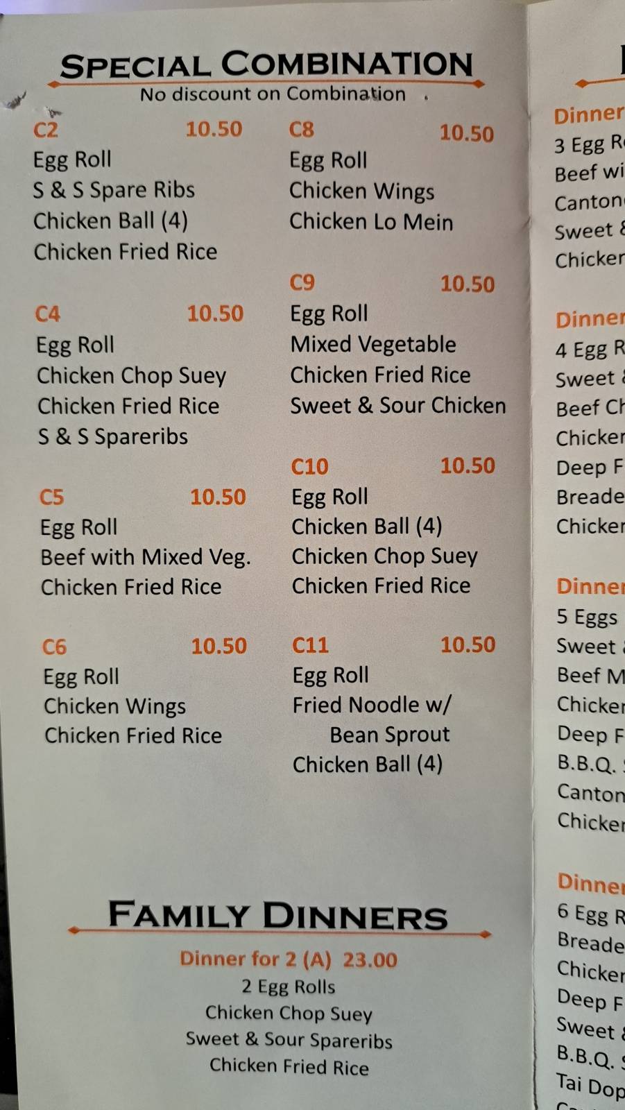 Menu at Tim Choi's Chinese Food restaurant, Toronto
