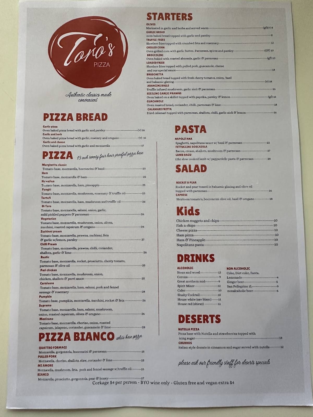 Menu at Toro's pizza restaurant, Palm Beach