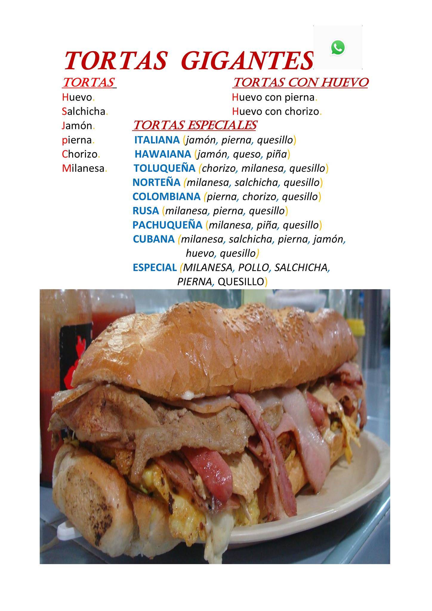 Carta del restaurante Tortas Gigantes Pasteros, Ciudad del México