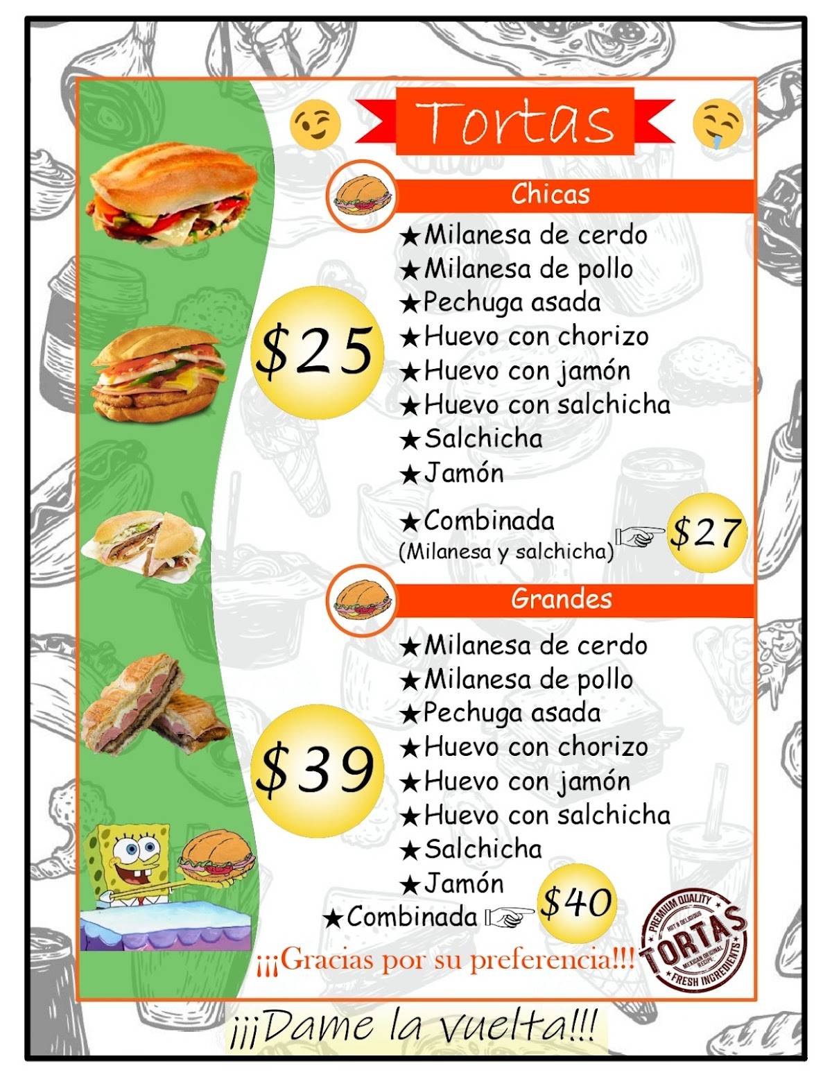 Carta del restaurante Tortas La Tortuga, Amaxac del Guerrero