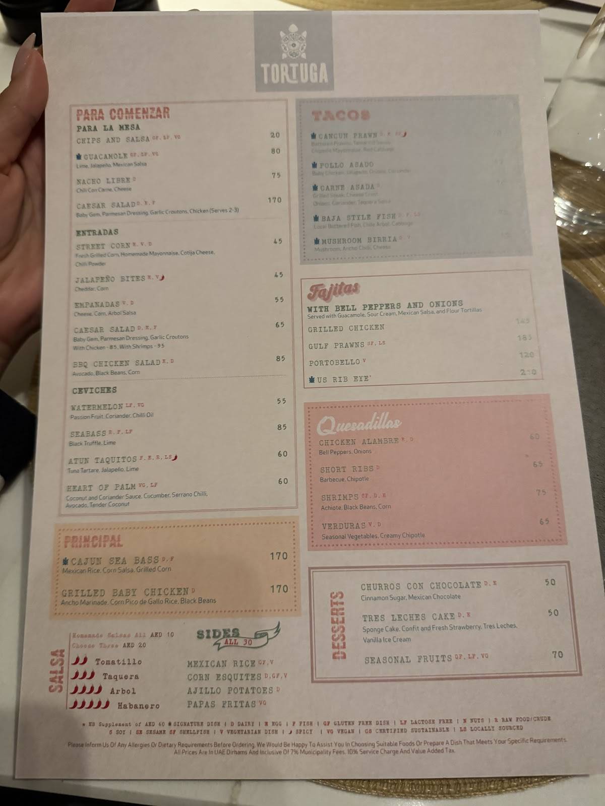 Menu at Tortuga restaurant, Dubai, Jumeirah Mina Al Salam - Jumeira St