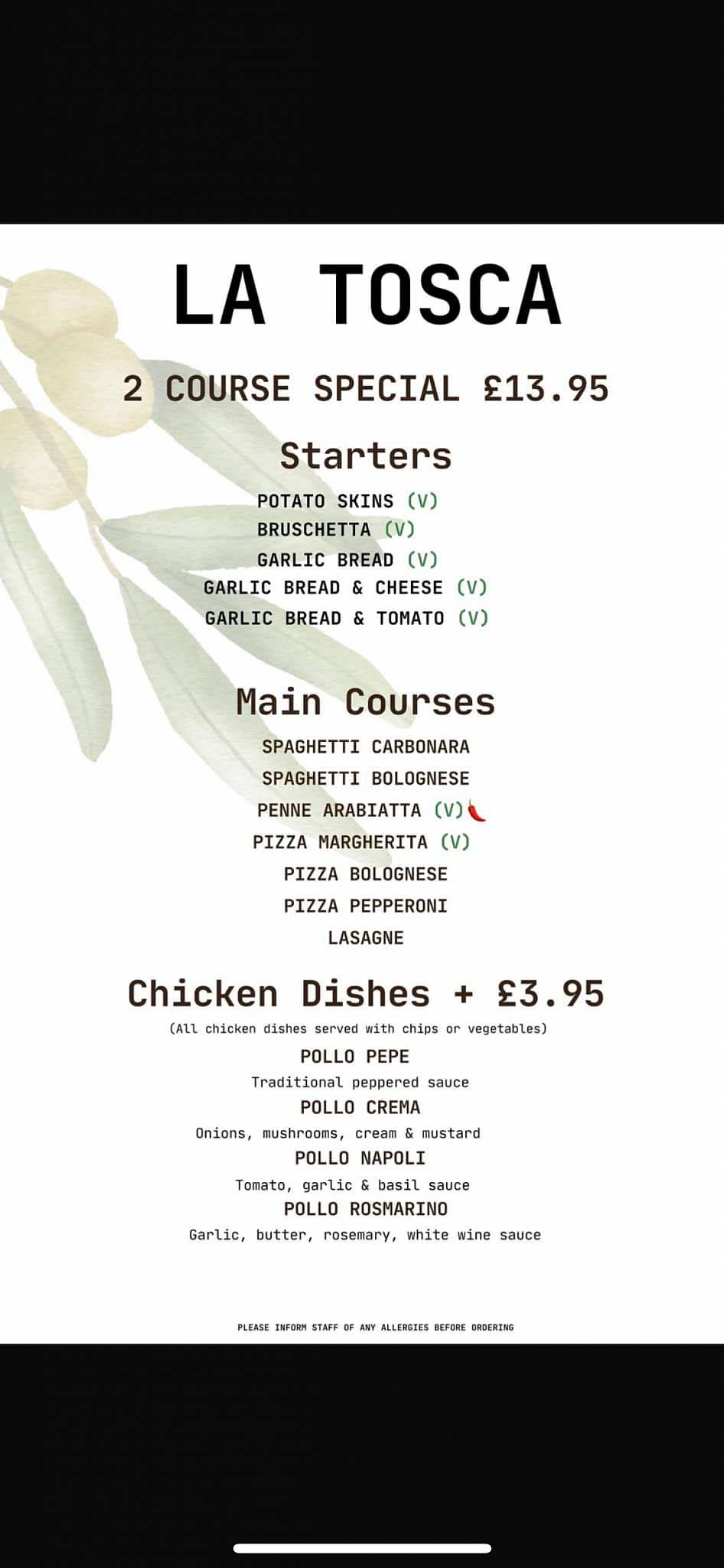 Menu at Tosca restaurant, Sunderland