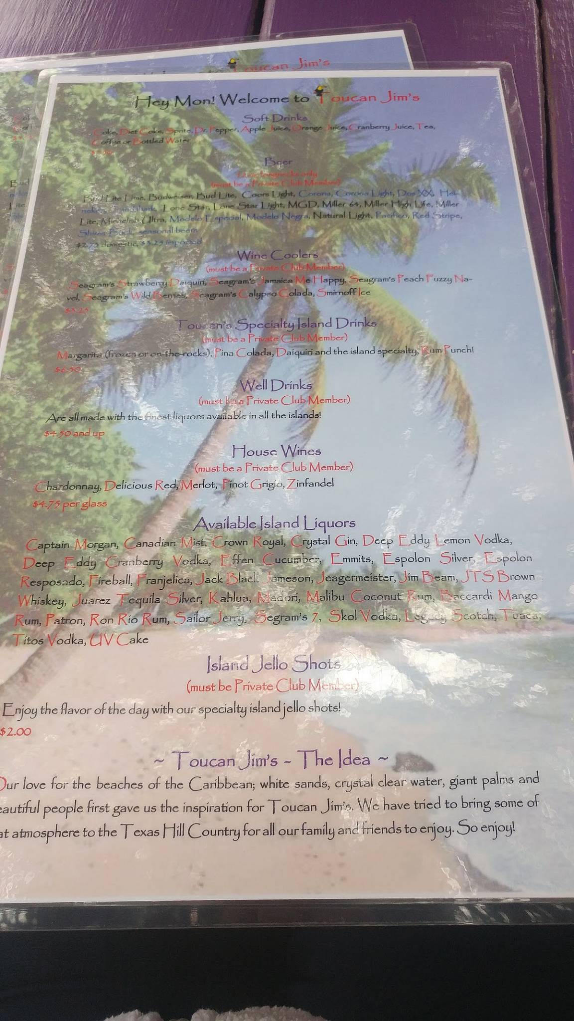 Menu at Toucan Jim's pub & bar, Center Point