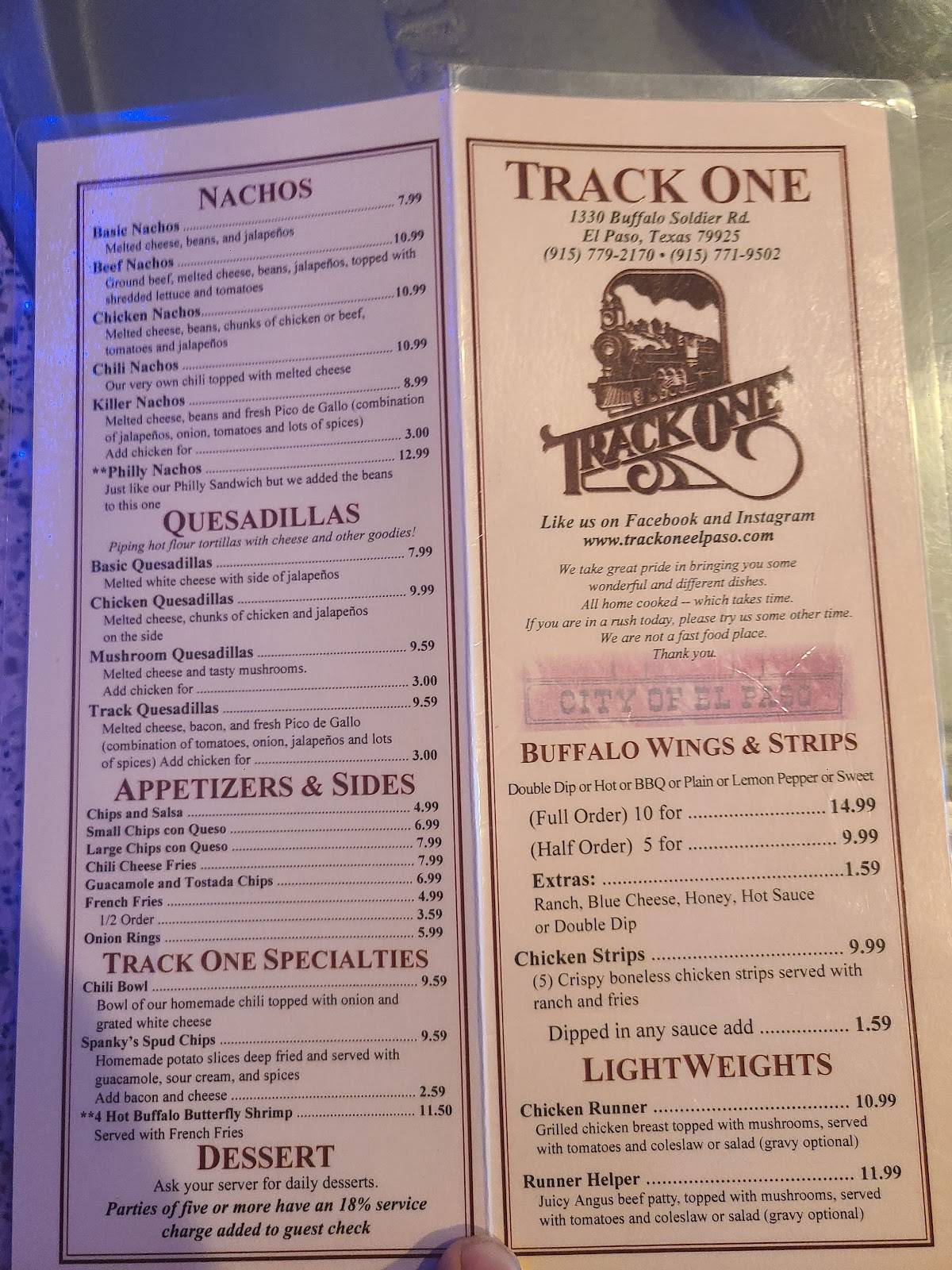Menu at Track One restaurant, El Paso