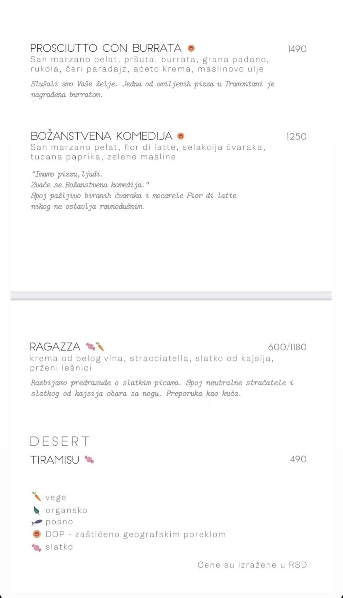 Menu at Tramontana pizza & wine bar, Novi Sad