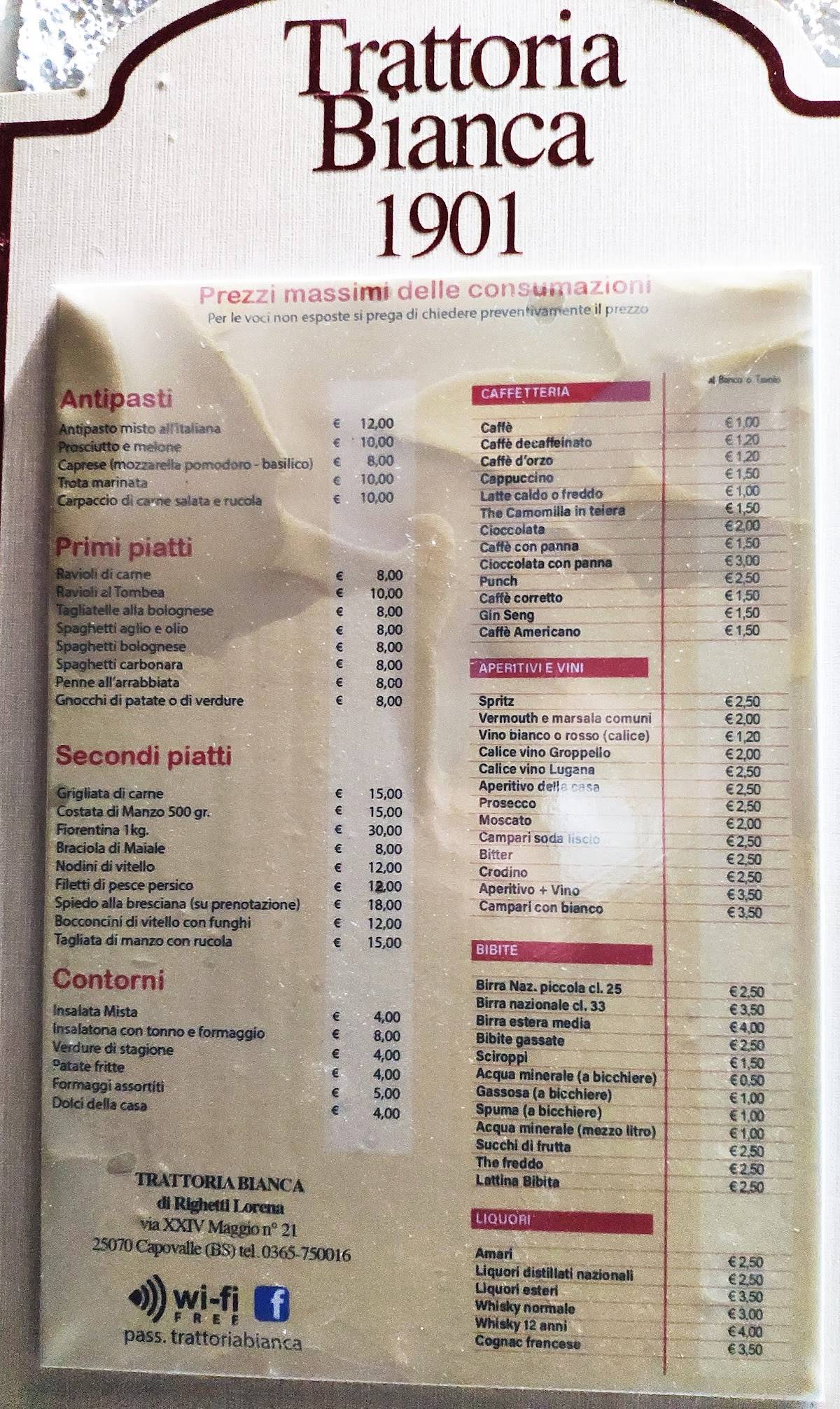 Menu da Trattoria Bianca ristorante, Capovalle