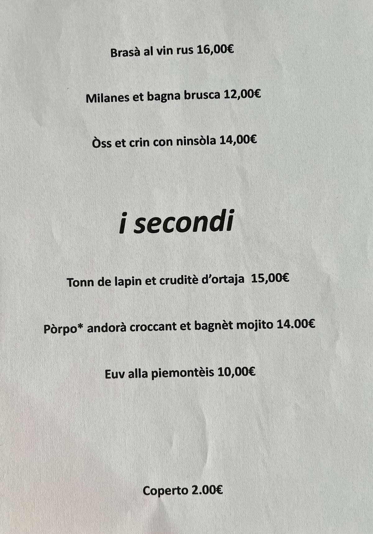 Menu at Trattoria Cerere restaurant, Turin