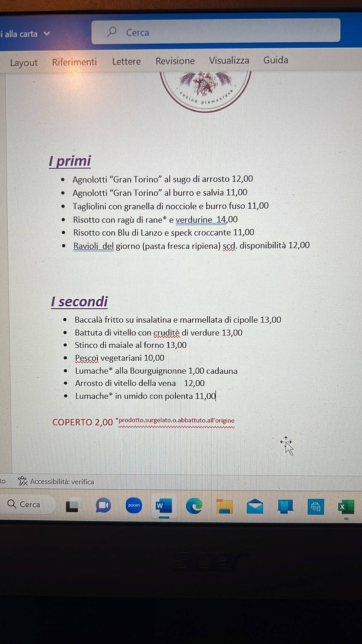 Menu at Trattoria Cerere restaurant, Turin