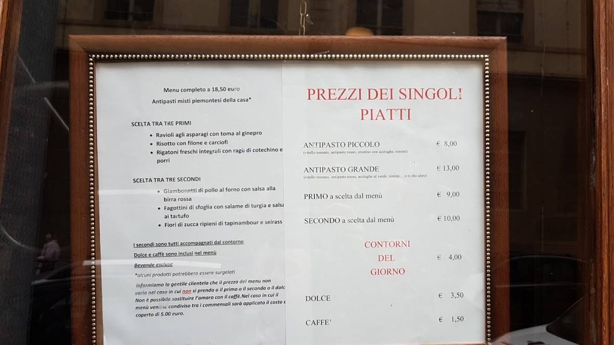 Menu at Trattoria Cerere restaurant, Turin