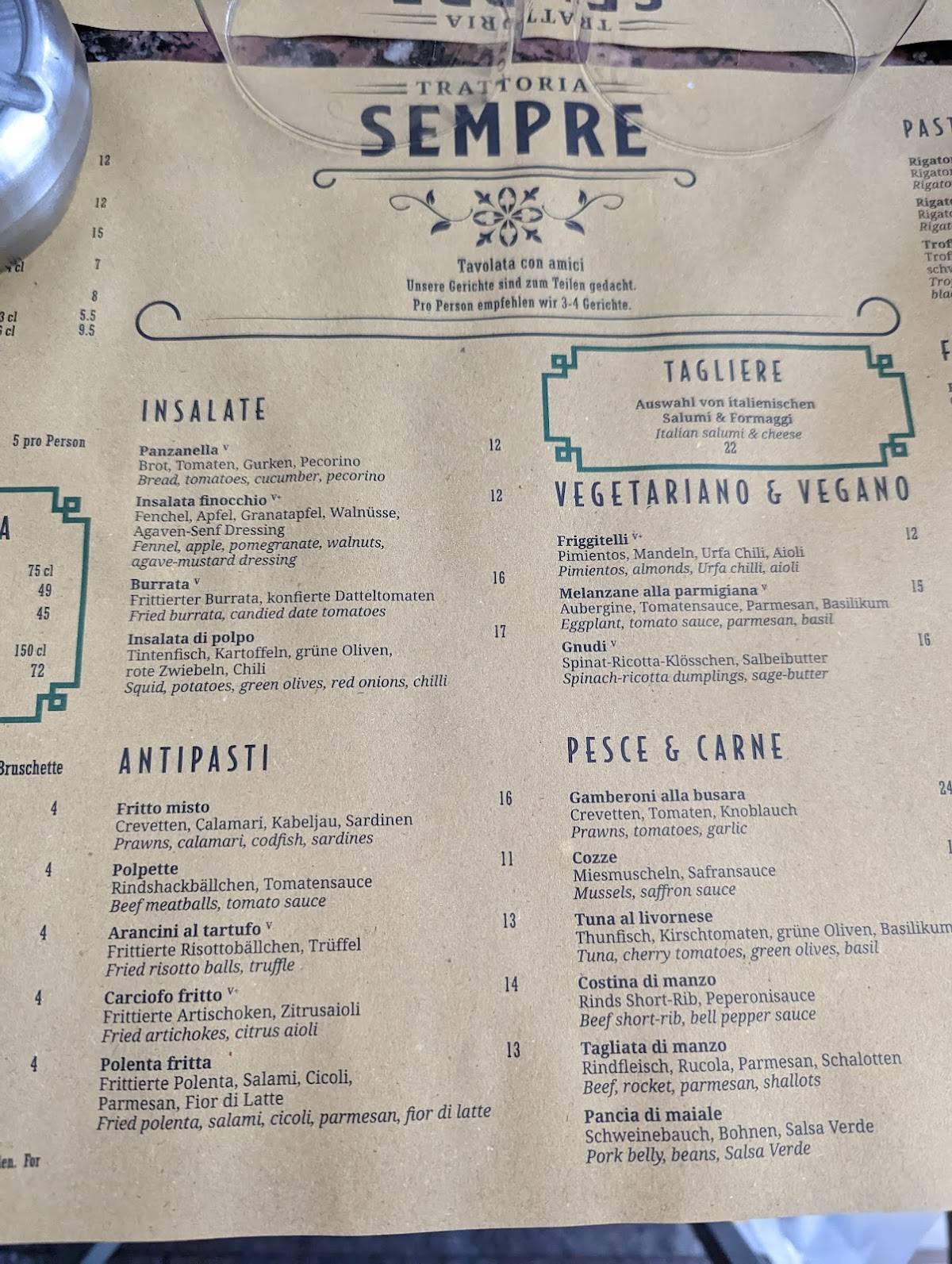 Speisekarte von Trattoria Sempre, Zürich