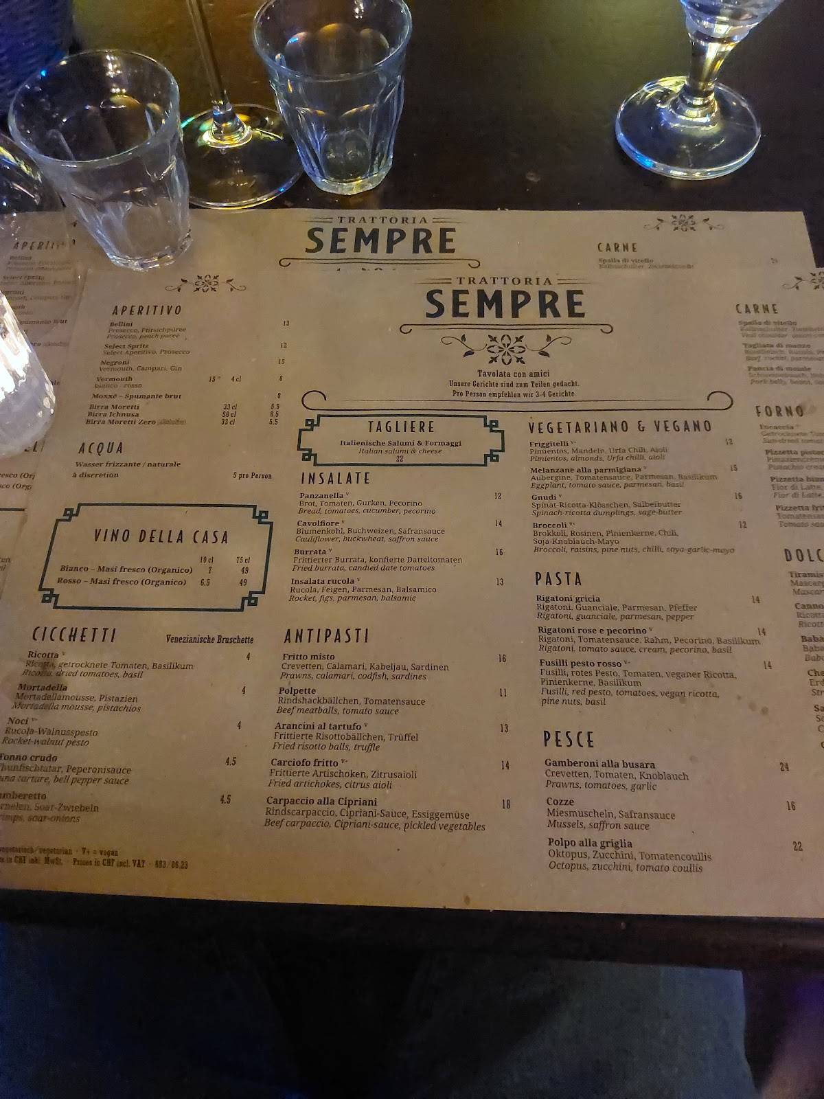 Speisekarte von Trattoria Sempre, Zürich