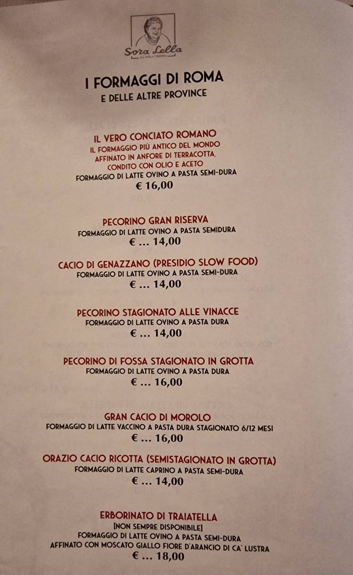 Menu da Trattoria Sora Lella ristorante, Roma, Via di Ponte Quattro capi