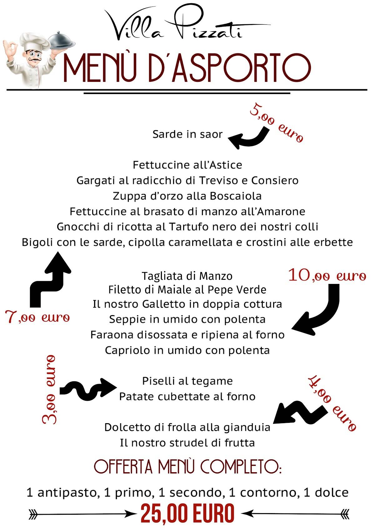Menu at Trattoria Villa Pizzati restaurant, Castelvecchio, Località Pizzati