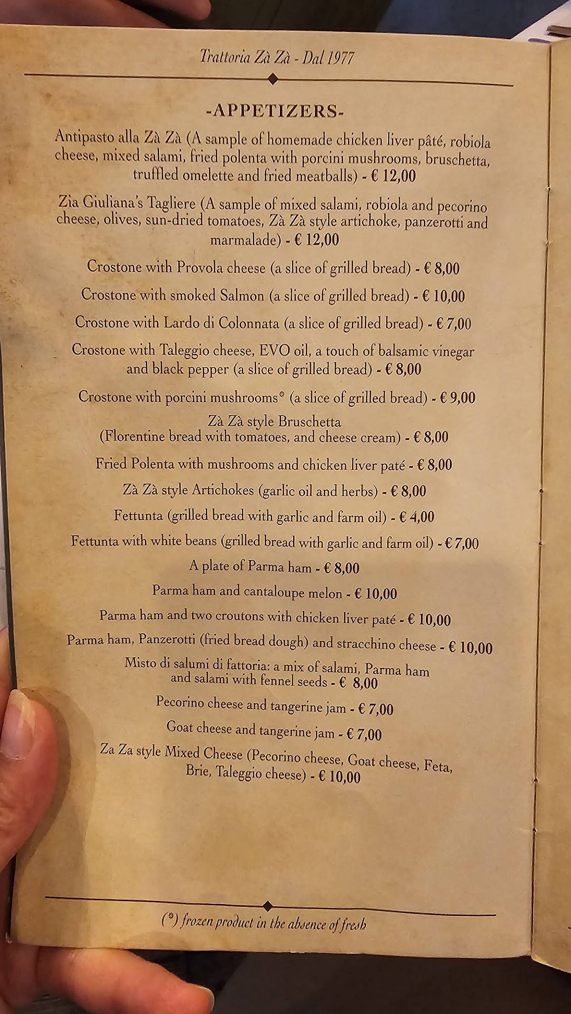 Menu da Zà Zà ristorante, Firenze, Piazza del Mercato Centrale