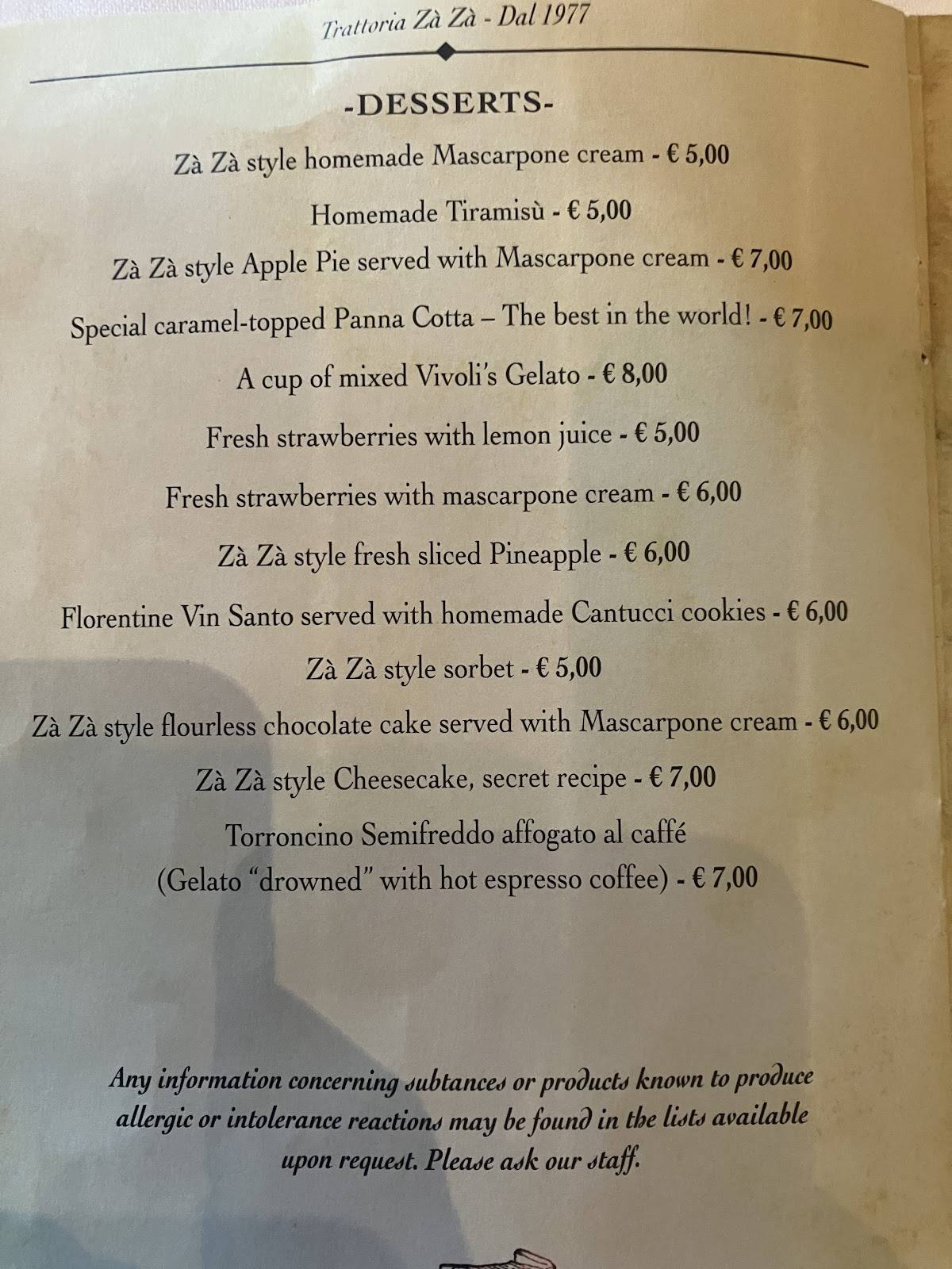 Menu da Zà Zà ristorante, Firenze, Piazza del Mercato Centrale