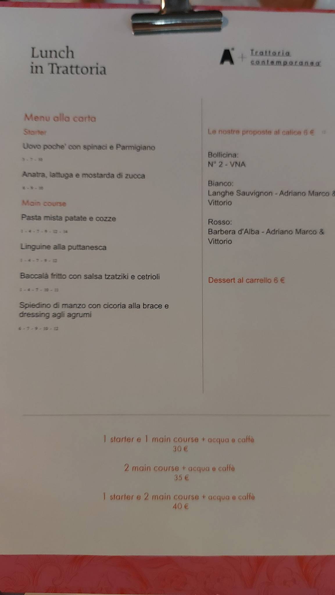 Menu da Trattoria contemporanea ristorante, Lomazzo