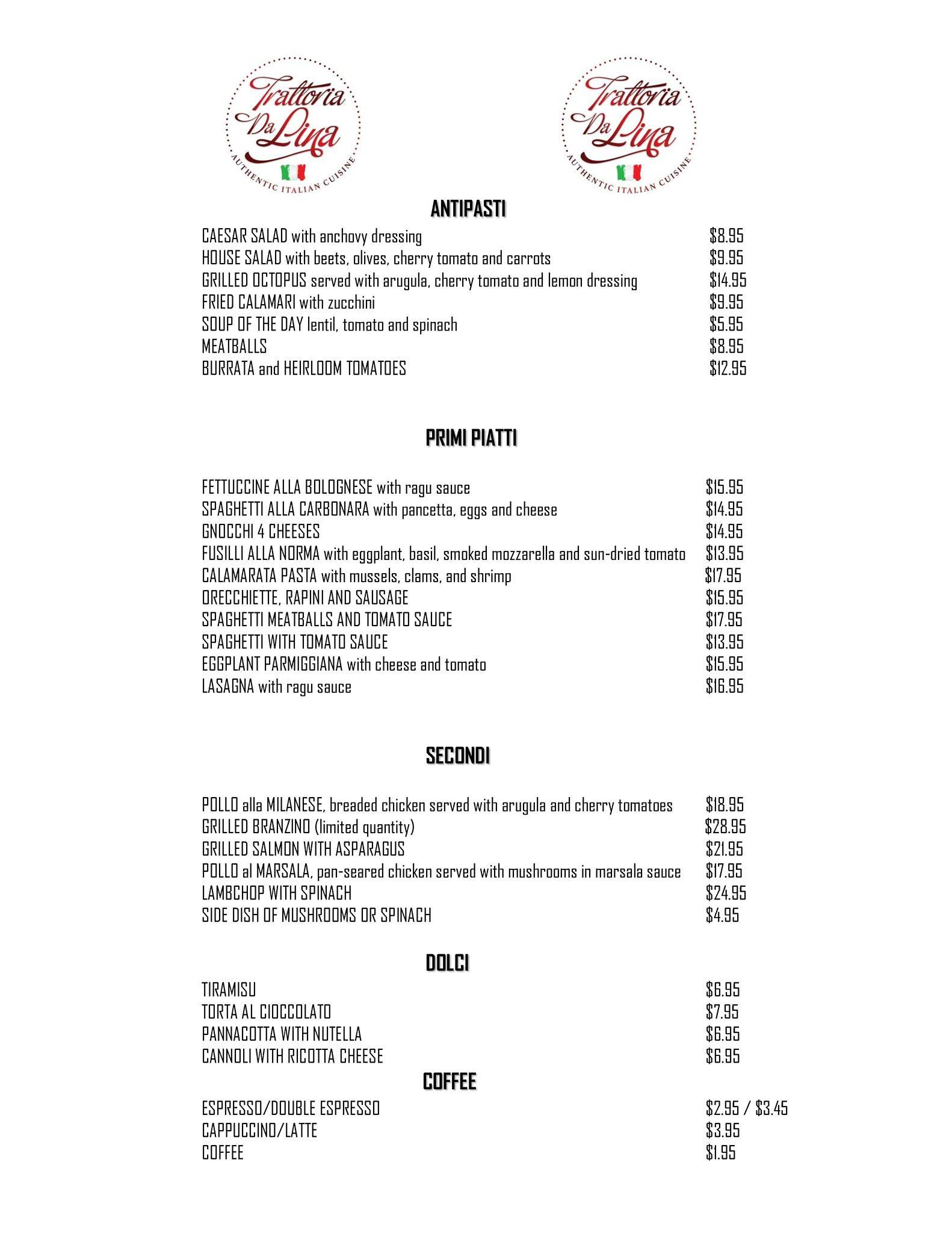 Menu at Trattoria da Lina pub & bar, Takoma Park