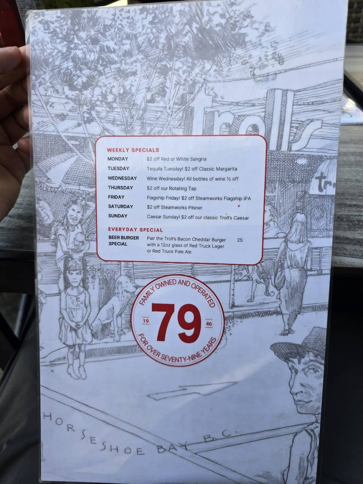 Menu at Troll's Restaurant, West Vancouver