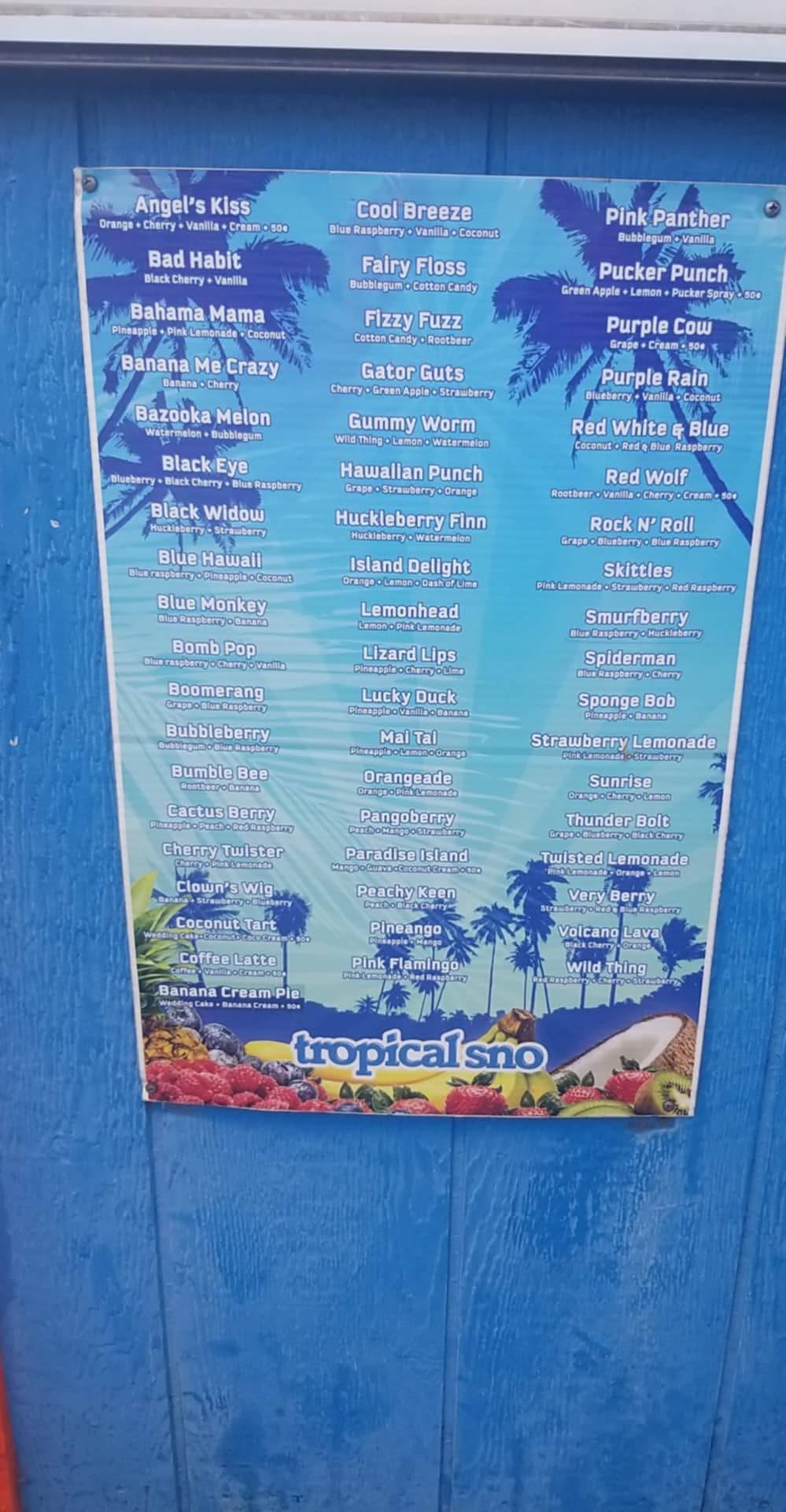 Carta del postres Tropical Sno Jonesboro, Jonesboro, Harrisburg Rd