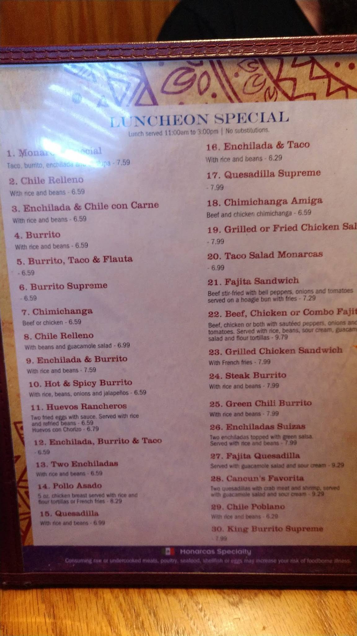 Menu at Monarcas Mexican Restaurant, Troy