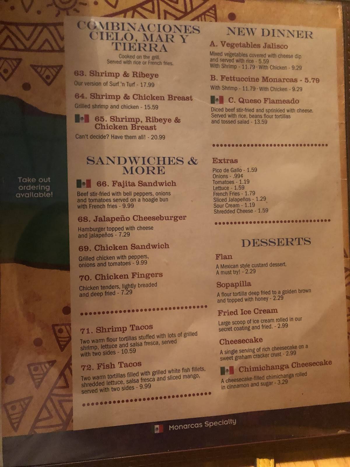 Menu at Monarcas Mexican Restaurant, Troy