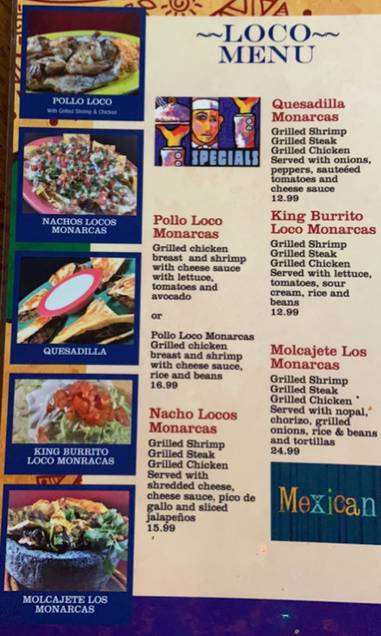 Menu at Monarcas Mexican Restaurant, Troy