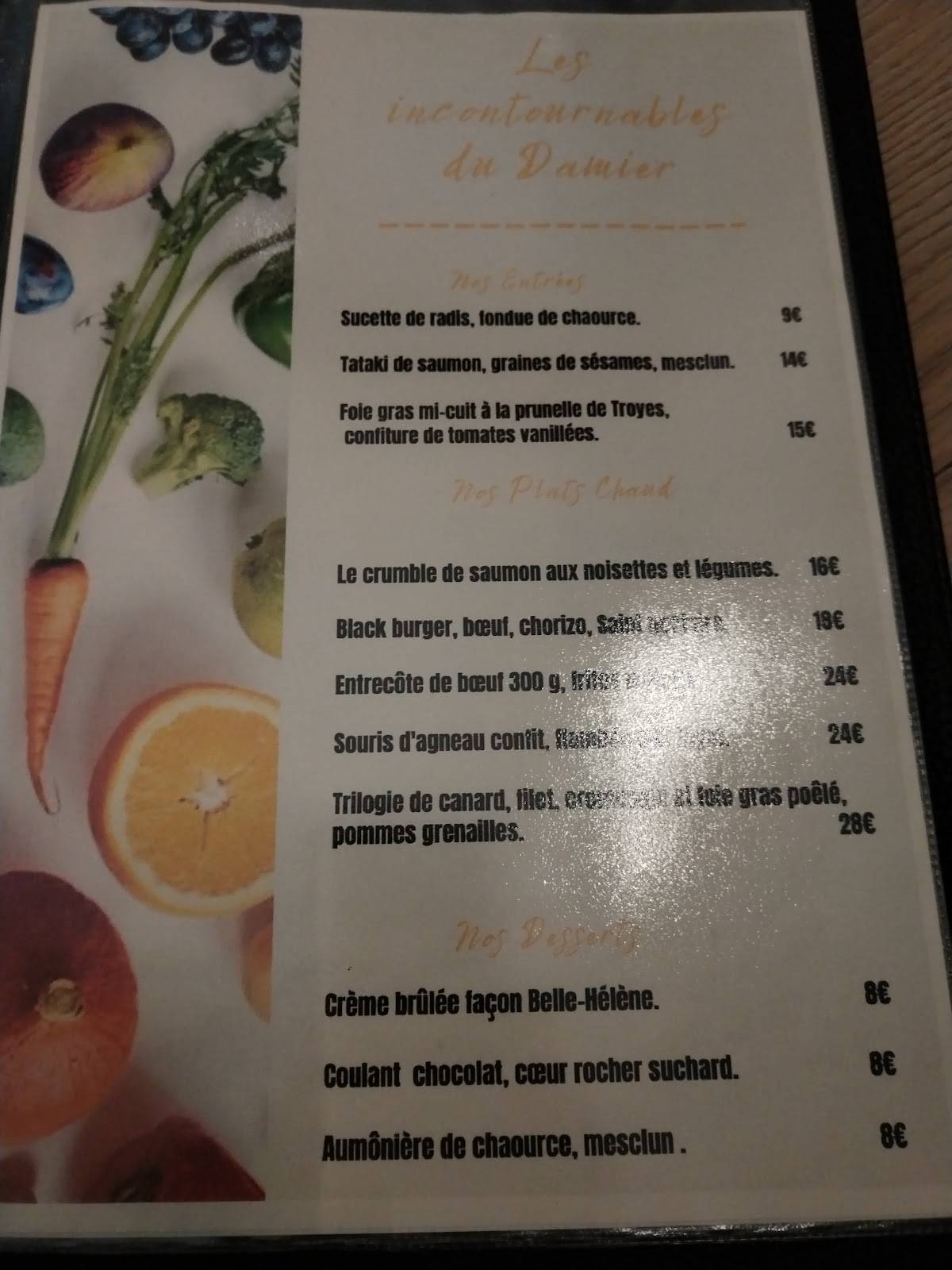 Menu au Le Damier restaurant, Troyes