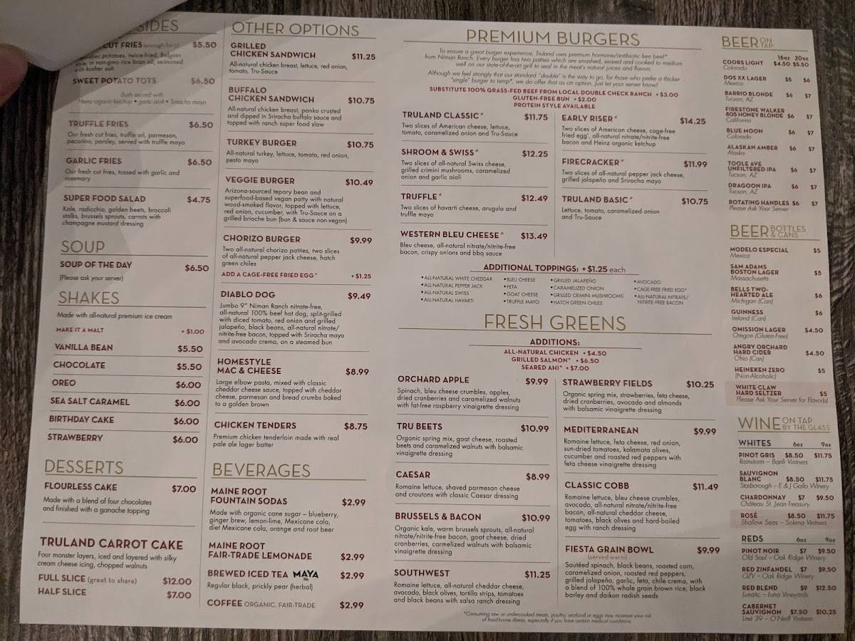 Menu at Truland Burgers & Greens Tucson pub & bar, Tucson