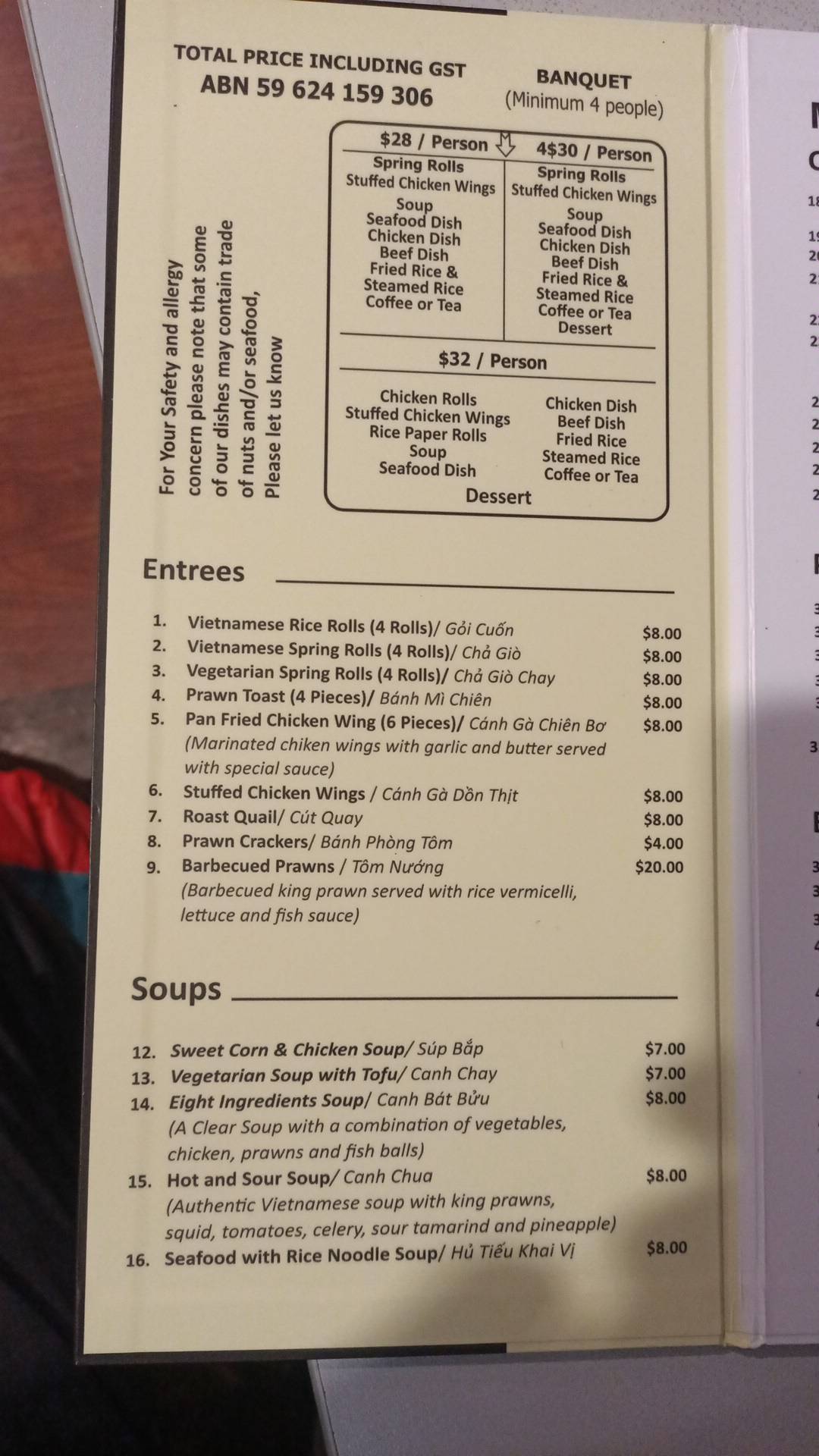 Menu at Tu Do Vietnamese Restaurant, O'Connor