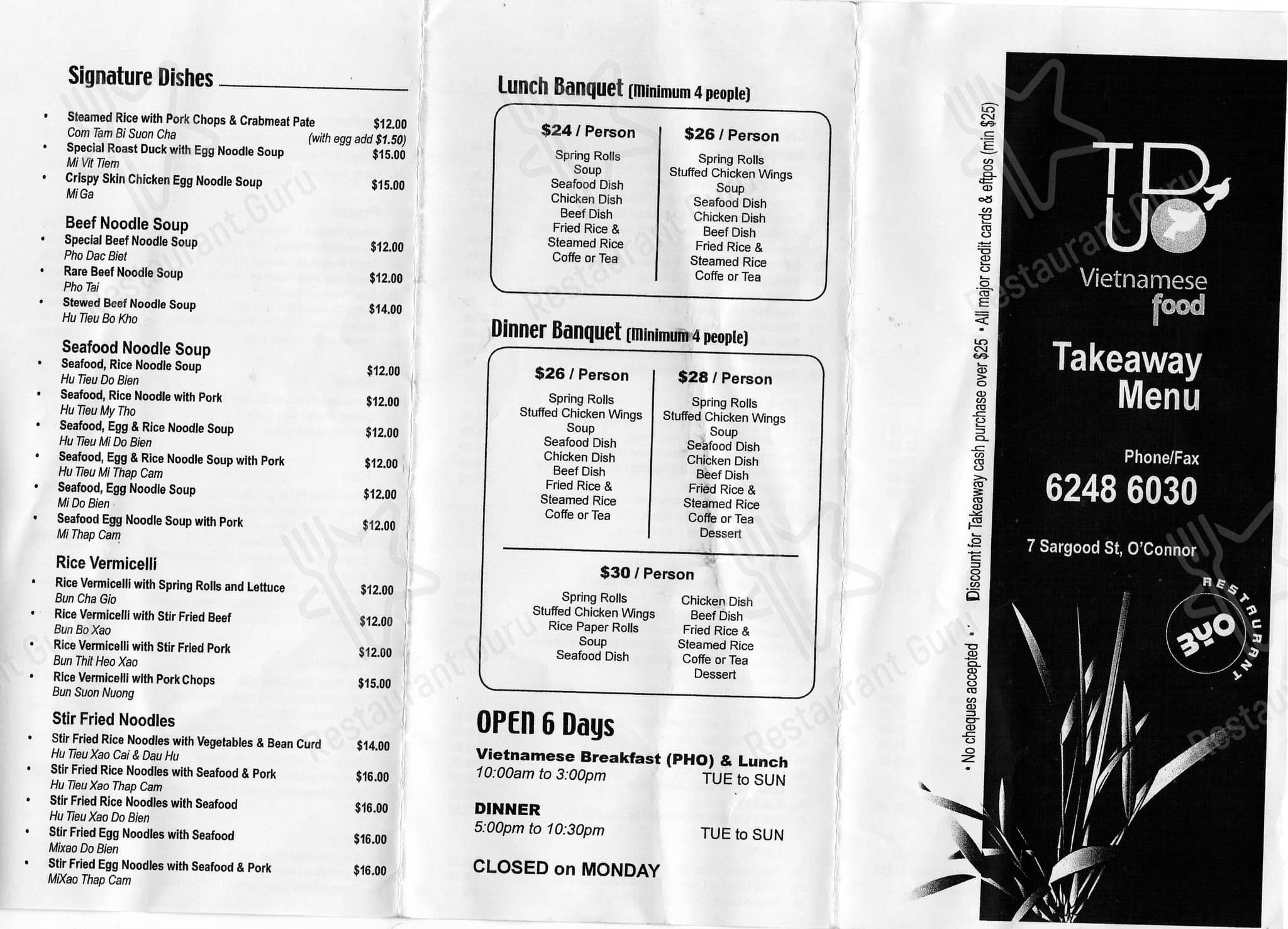 Menu at Tu Do Vietnamese Restaurant, O'Connor