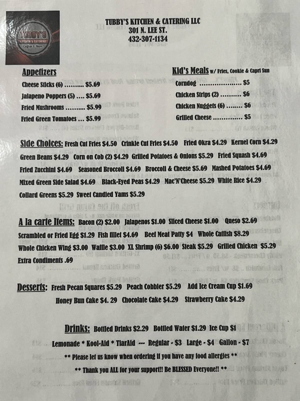 Menu at Tubby’s Kitchen & Catering restaurant, Midland
