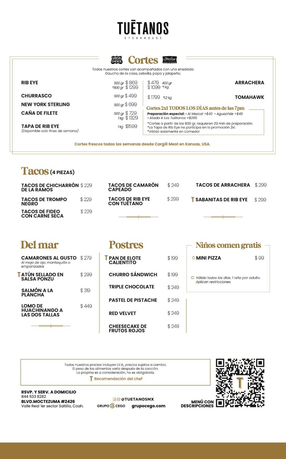 Carta de Tuétanos Steakhouse, Saltillo