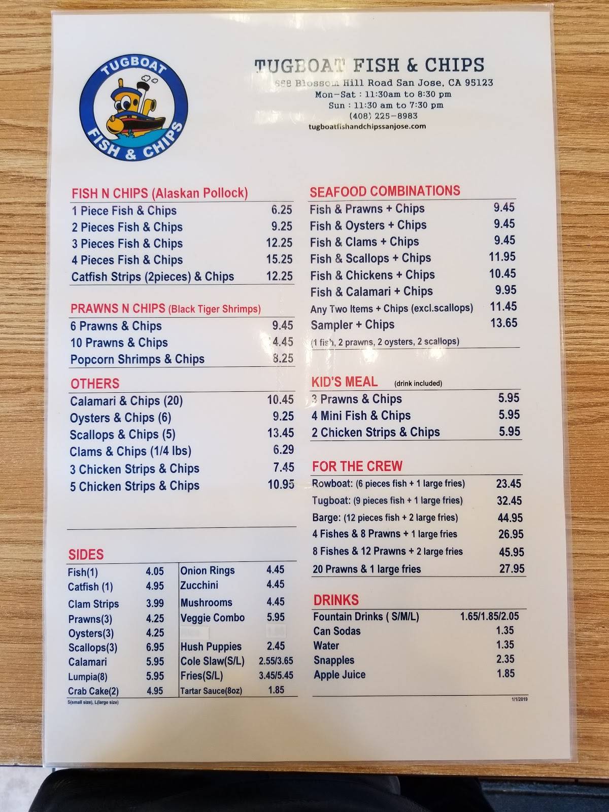 Menu at Tugboat Fish and Chips restaurant, San Jose